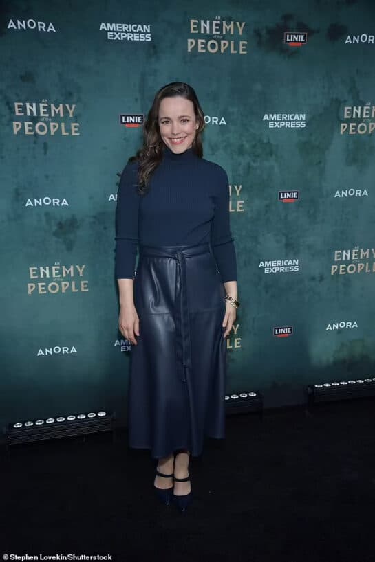 Rachel McAdams Shines in Navy Blue Leather Skirt at Broadway's 'An ...